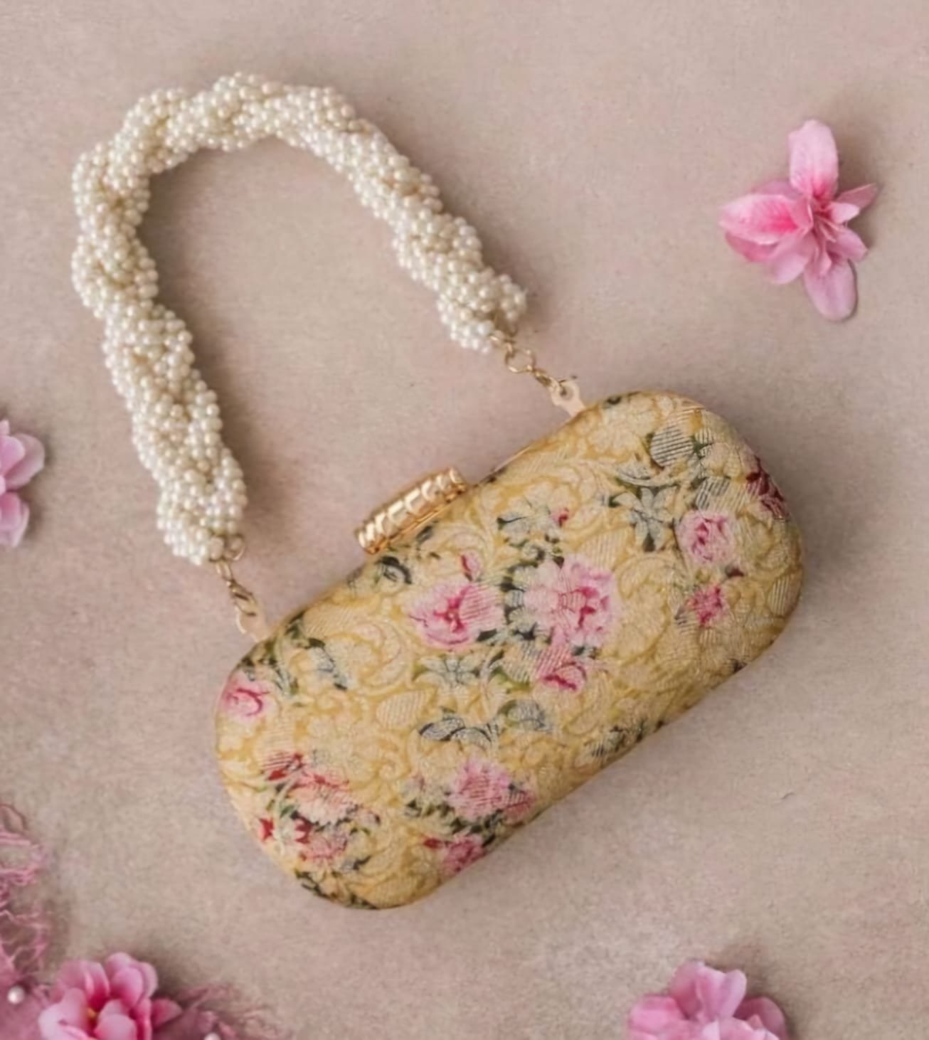 Elegant Floral Clutch with Pearl Handle - Nexus Flair